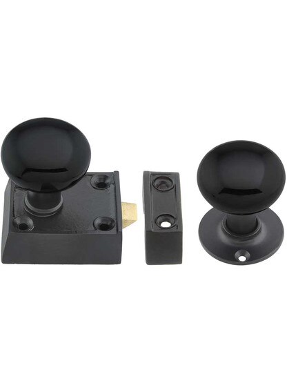 Small Cast Iron Rim Latch Set with Black Porcelain Knobs | House of ...