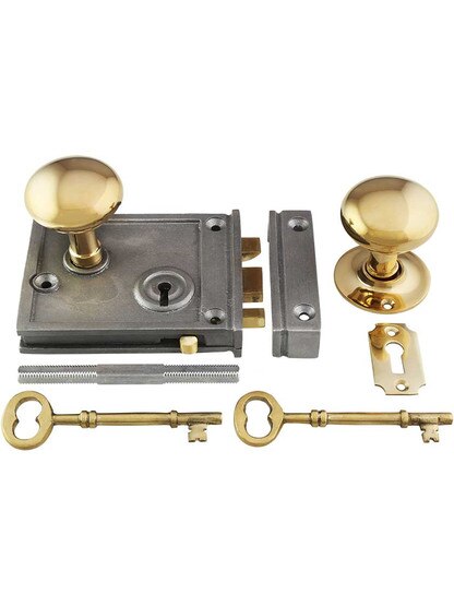 Cast Iron Horizontal Rim Lock Set with Small Brass Knobs | House of ...