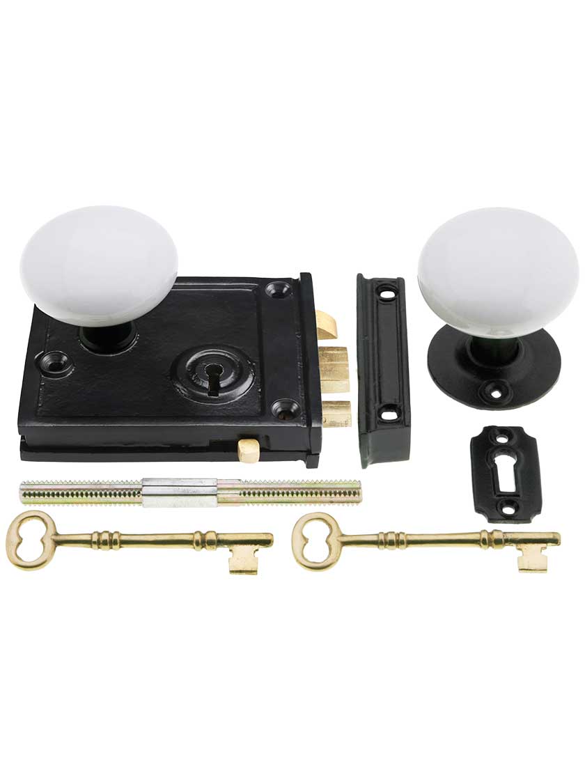 Cast Iron Horizontal Rim Lock Set with White Porcelain Door Knobs ...