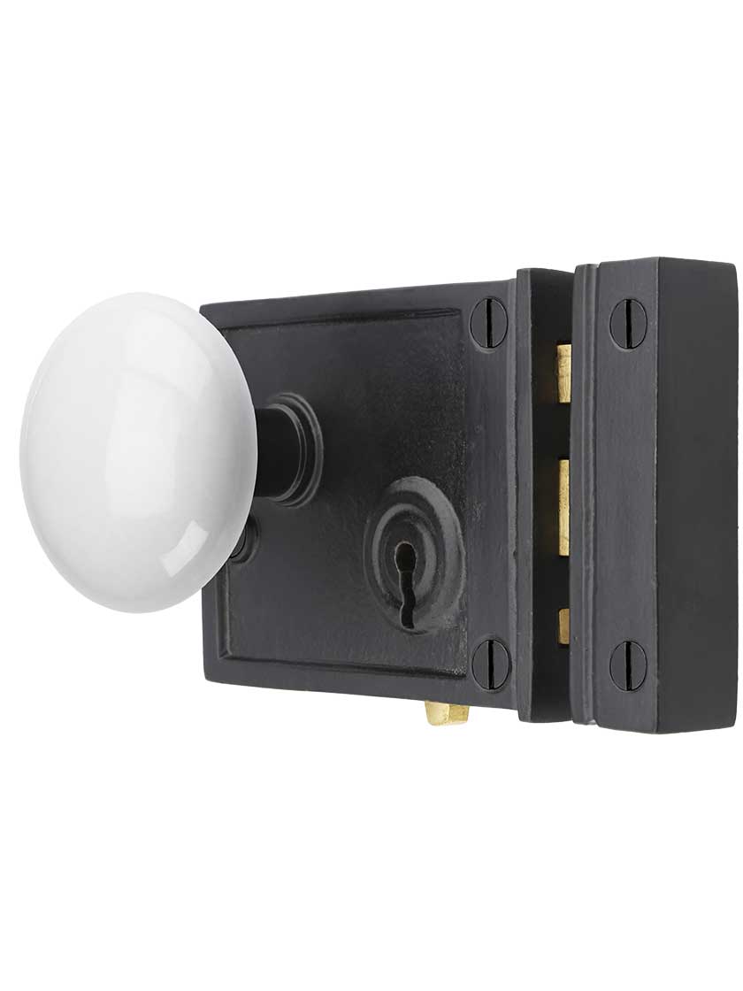 Cast Iron Horizontal Rim Lock Set with White Porcelain Door Knobs ...