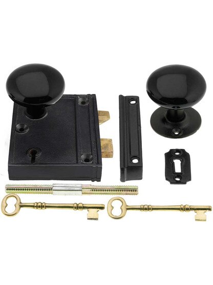 Cast Iron Vertical Rim Lock Set with Black Porcelain Door Knobs | House ...