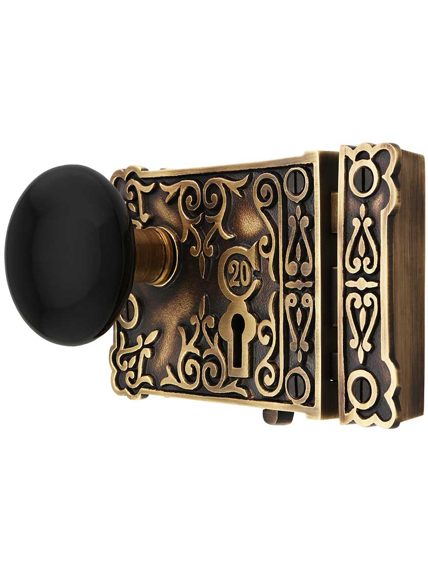 Solid Brass Century Rim Lock Set with Black Porcelain Knobs | House of ...