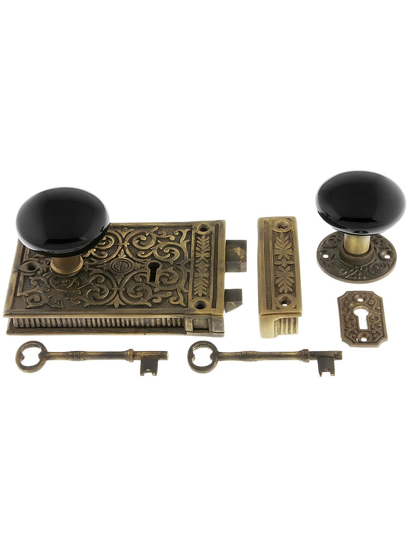 Solid Brass Scroll Rim Lock Set with Black Porcelain Door Knobs | House ...