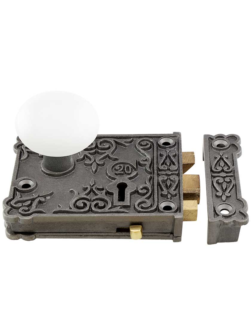 Cast Iron Century Rim Lock Set with White Porcelain Knobs | House of ...