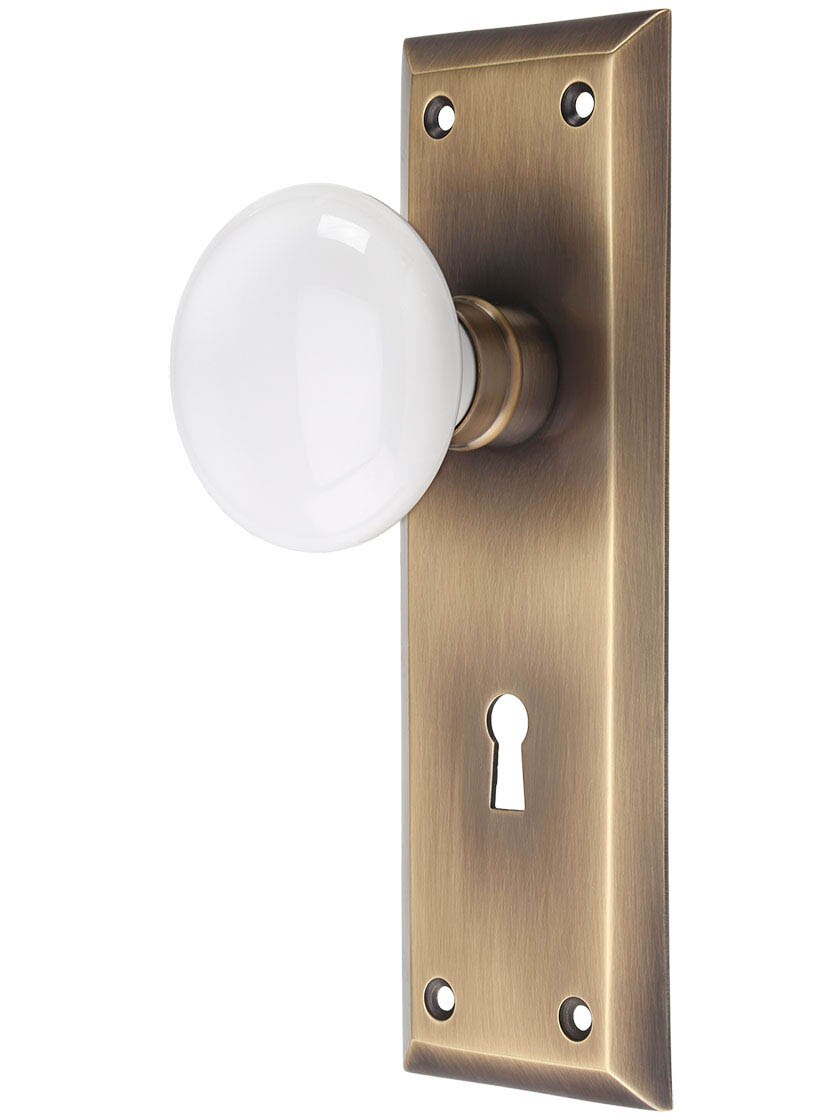 New York Mortise-Lock Set with White Porcelain Knobs in Antique-By-Hand ...