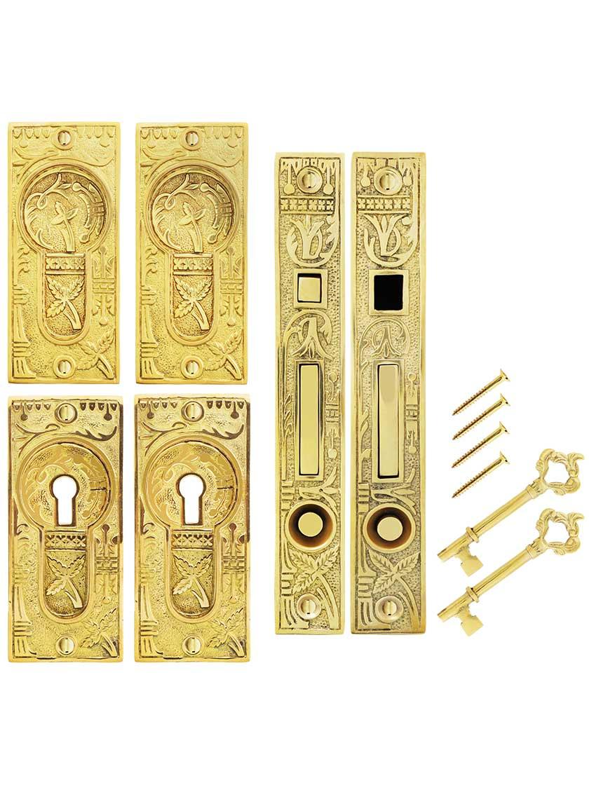 Broken Leaf Bit-Key Double Pocket Door Mortise-Lock Set in Unlacquered ...
