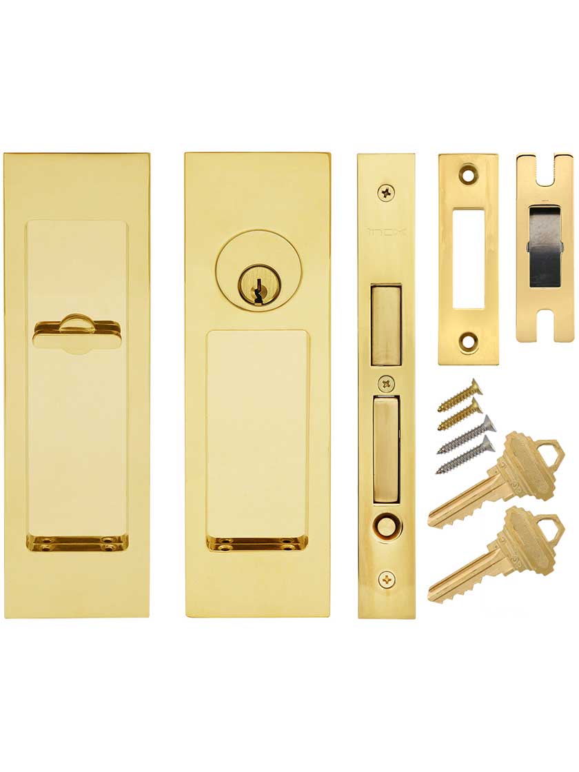Premium Keyed Pocket-Door Mortise Lock Set with Rectangular Pulls ...